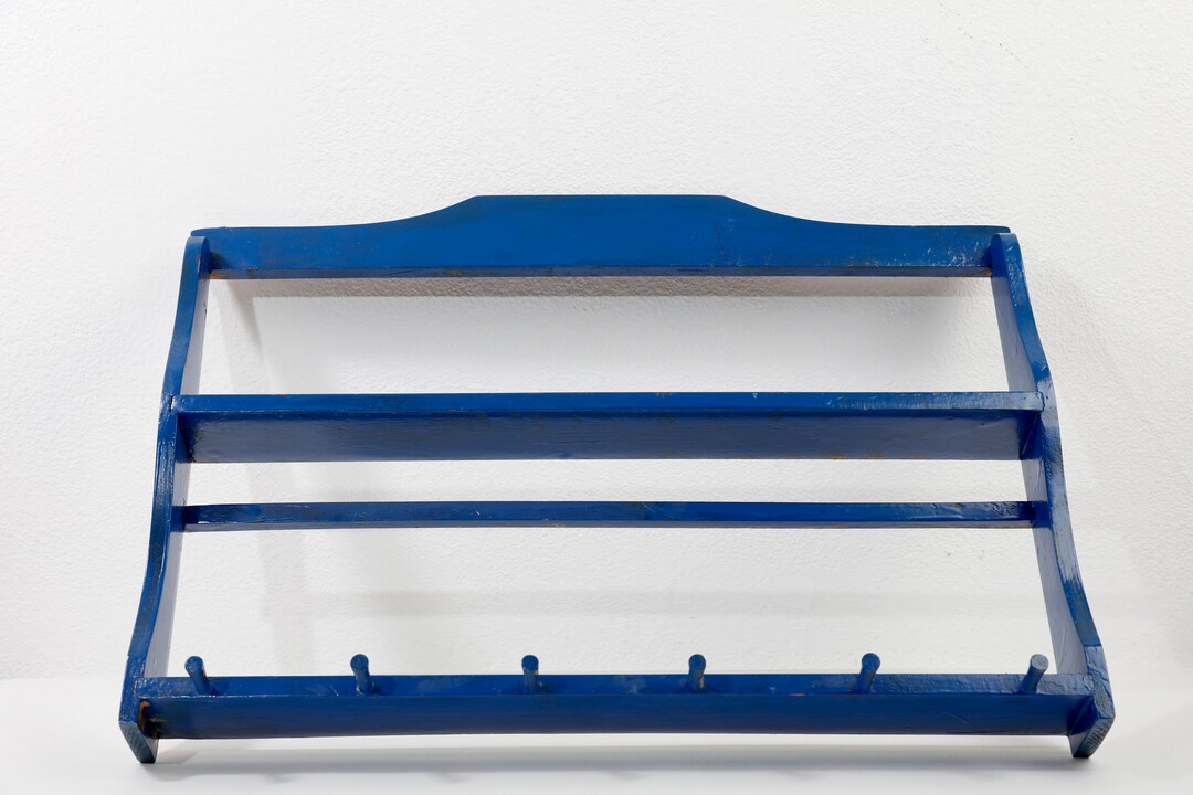 French Saucer Plate Kitchen Rack Blue Wood, Farmhouse Wall Plate Rack ...
