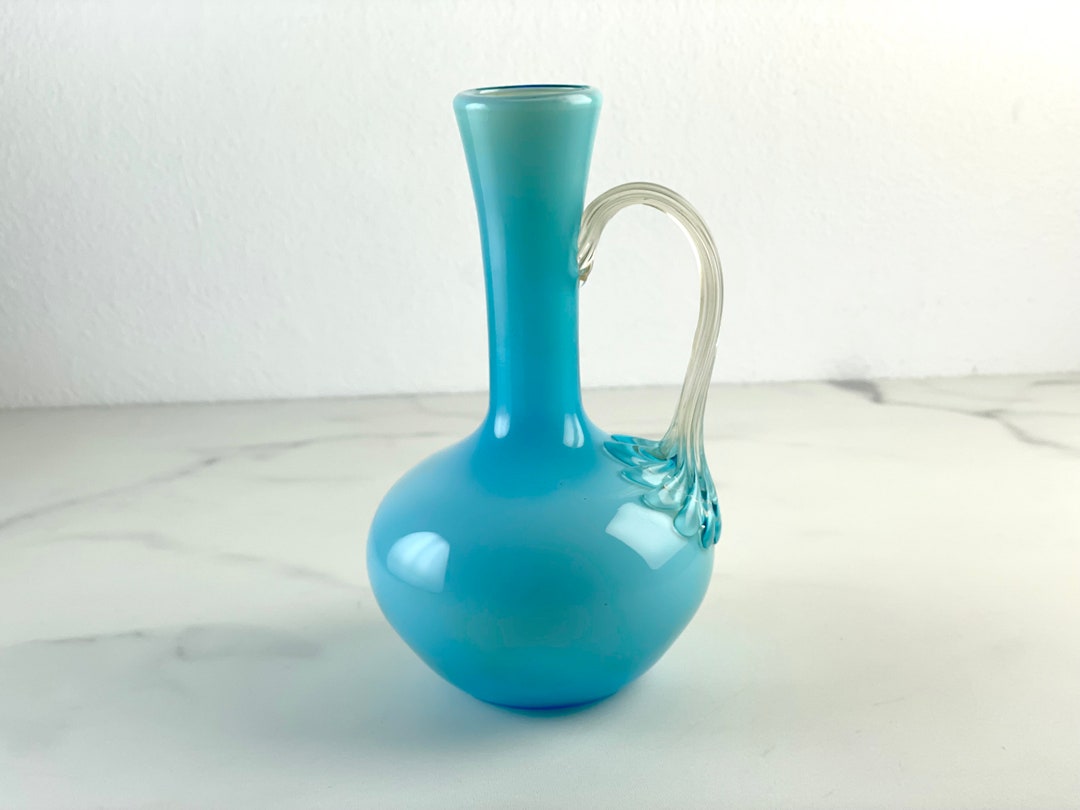 Retro Blue Glass Jug Pitcher With White Inside and Clear Handle - Etsy