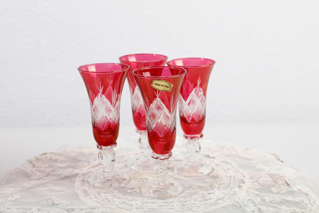 4 Ruby Red Crystal Glasses for Aperitifs Made in Italy, Height 11 Cm ...