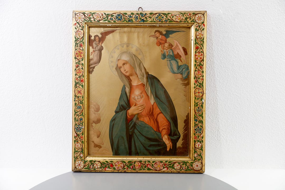 Lithograph Religious With Gold Depicting Virgin Mary With the Holy ...