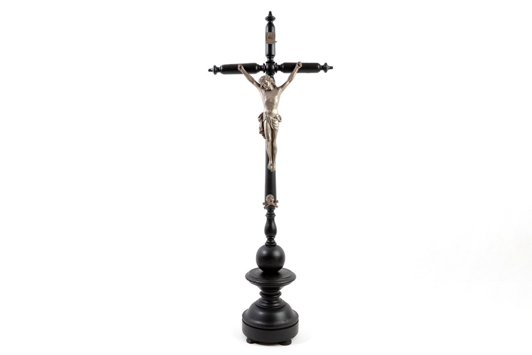 Large Crucifix Home Tabletop Altar Antique, Black Wood With Metal Jesus ...