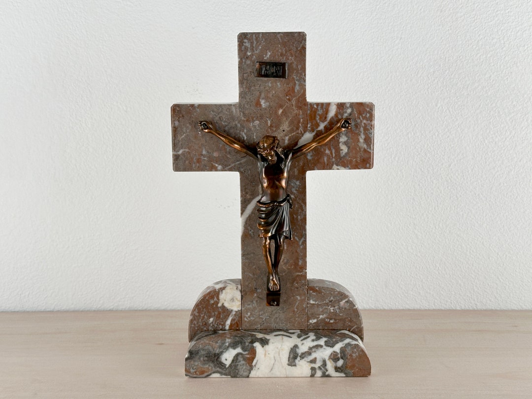 Standing Marble Crucifix With Metal Jesus Figure, Home Altar, Religious ...