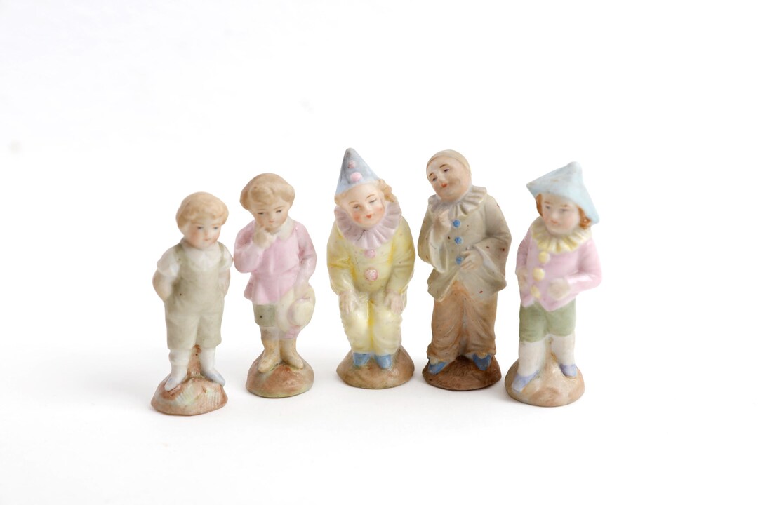 5 Small Porcelain Figurine, 3 Clowns and 2 Little Kids, They Are ...