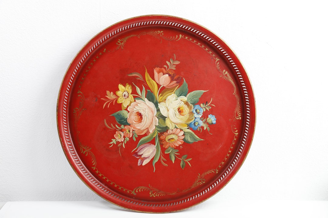 Large Hand-decorated French Red Metal Tray 19th Century, Victorian ...