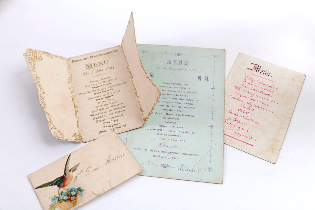 Antique French 1800s Menu Cards Invitations, 2 Printed French Menus and ...