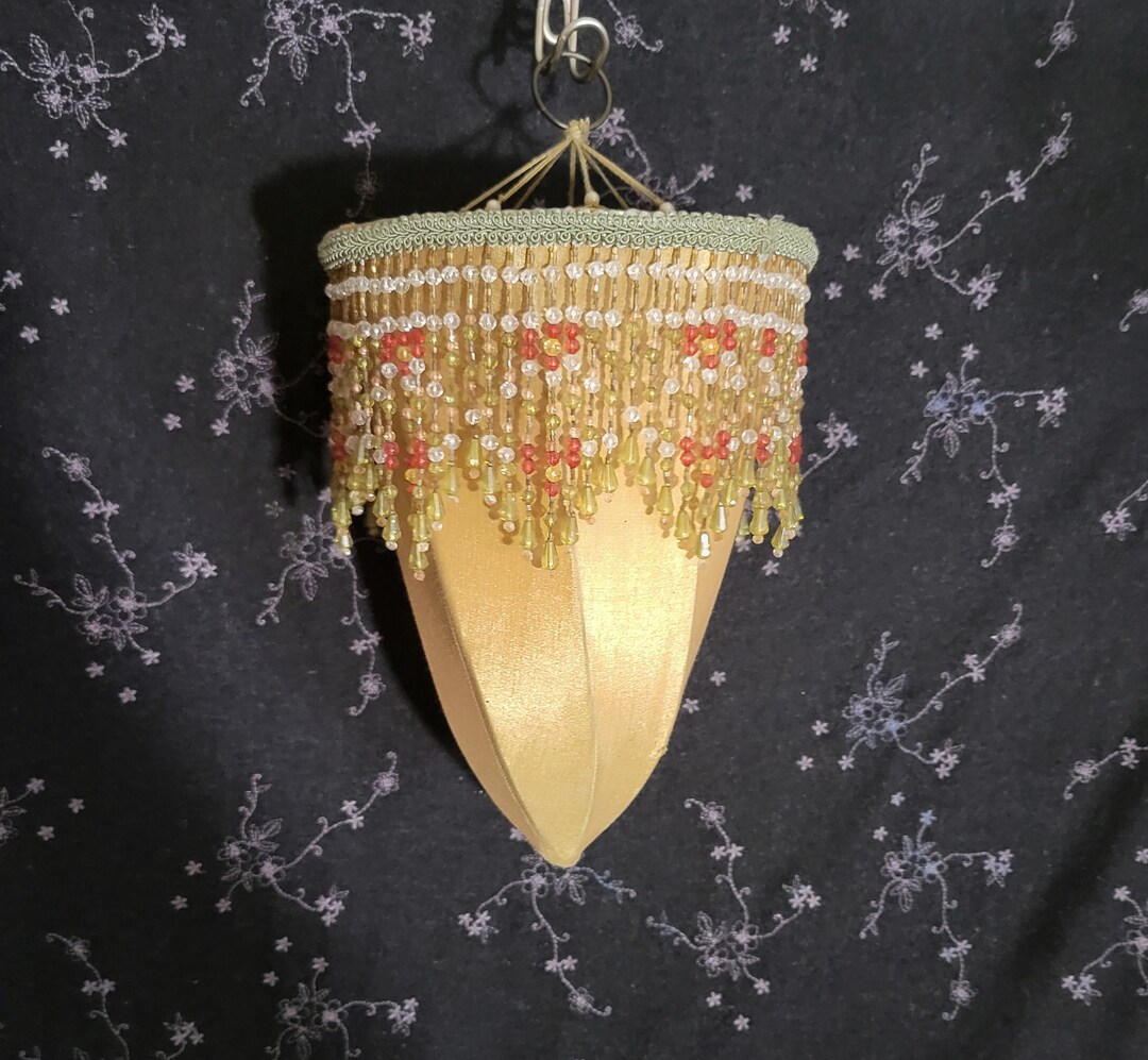 Vintage 60s Silk Pendant Lamp Shade Boudoir Decor Neutrals Pink Clear ...