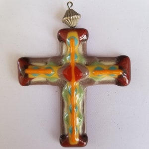 Ceramic Multi Colored Poured Glass Cross Necklace Pendant Vintage 80s ...