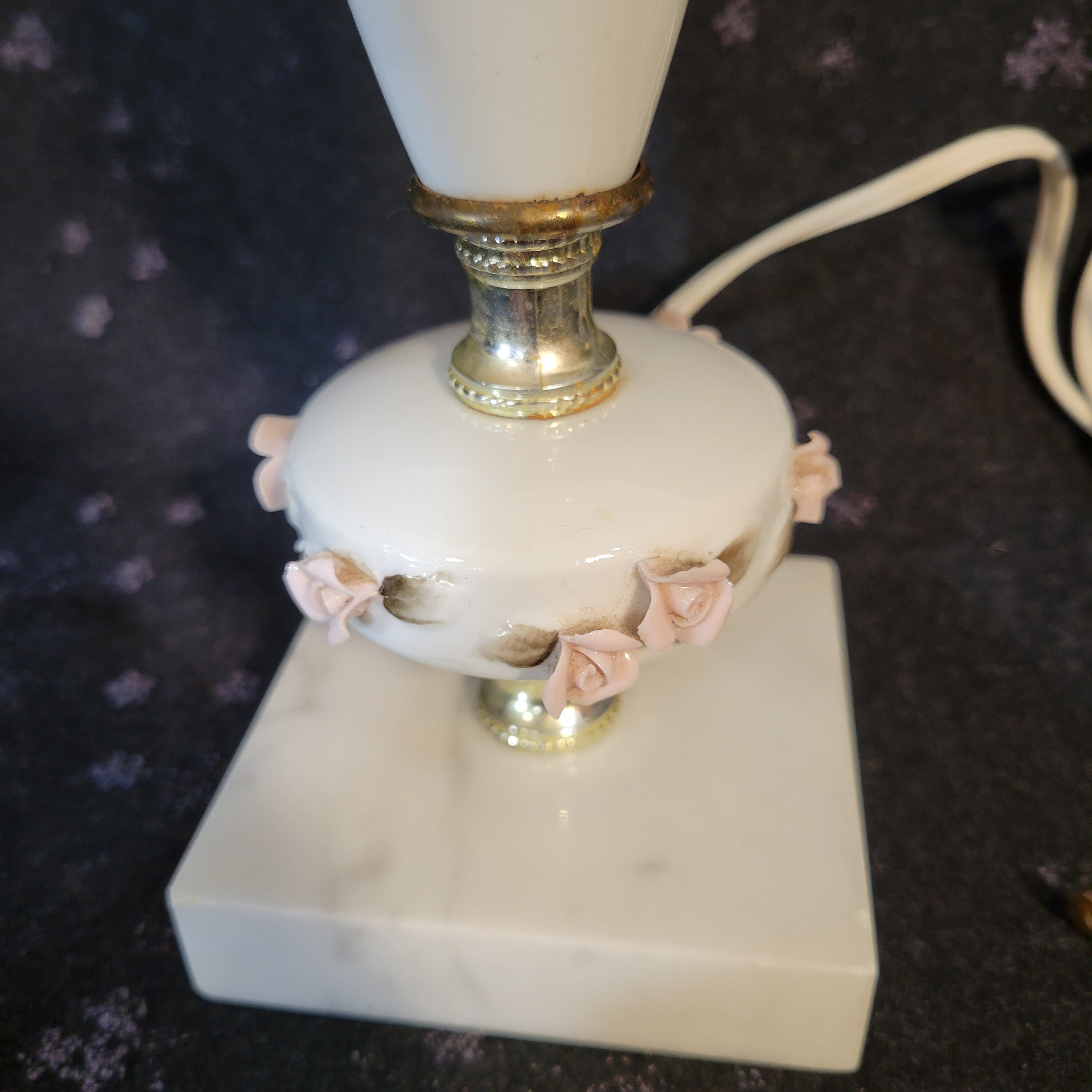 Antique Pink Applied Porcelain Roses Table Lamp Marble Base Capodimonte ...