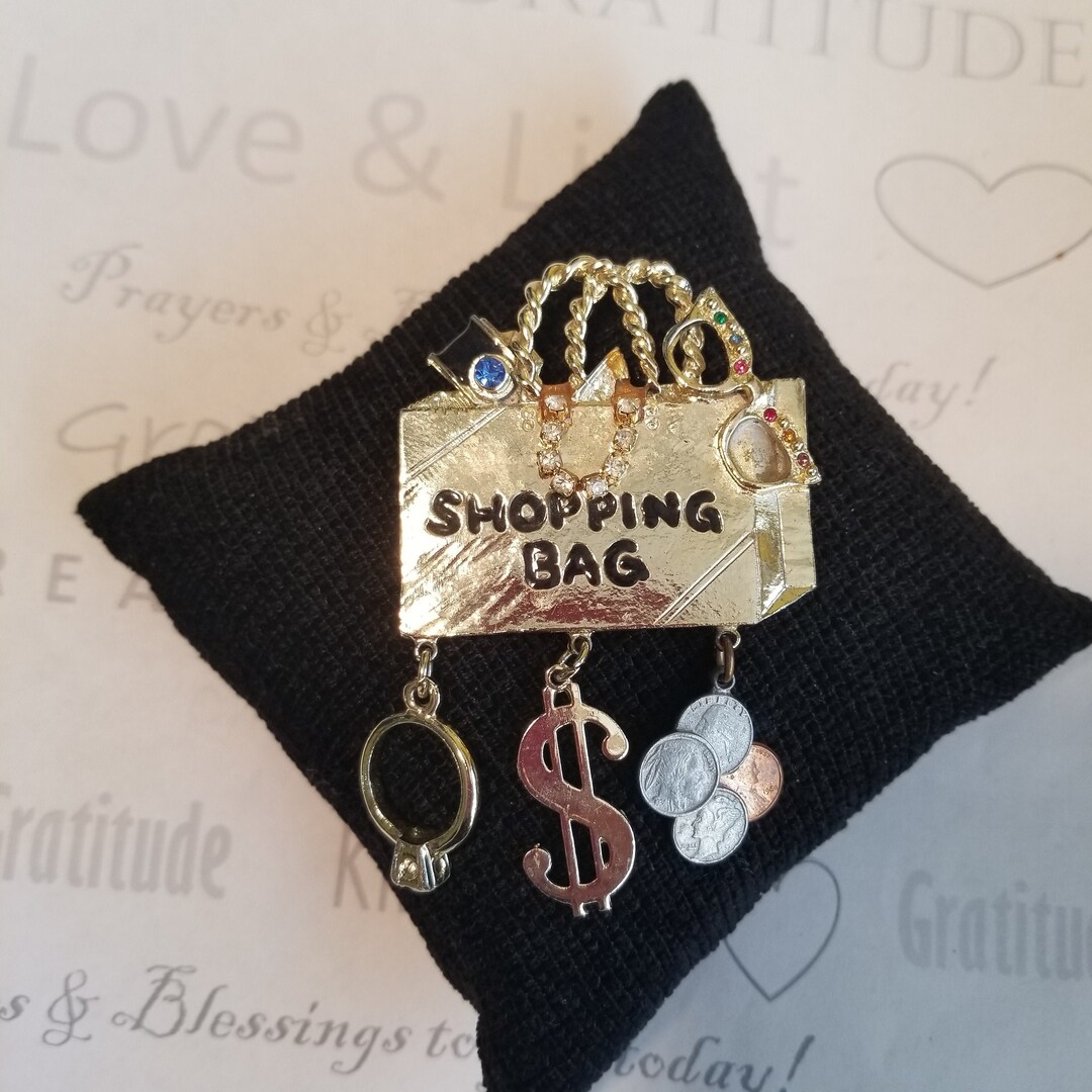 Don-lin Shopping Bag Pin Brooch Fun Dollar Sign Sunglasses Coins Rings ...