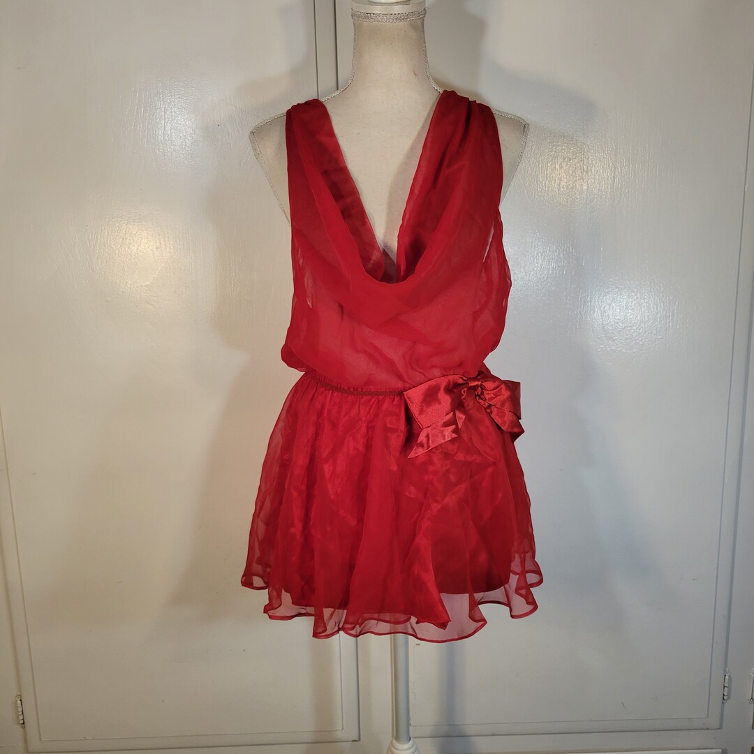 Vintage Victoria Secret Teddy Satin & Sheer Chiffon RED Deep V Neck ...