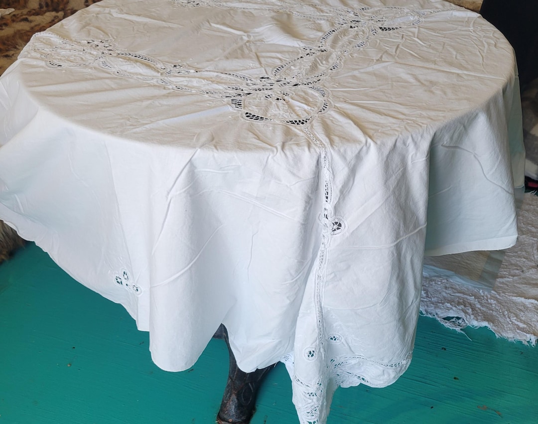 Vintage Victorian White Cotton Rectangle Tablecloth Large 112