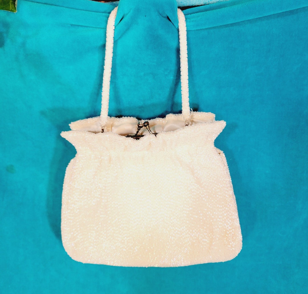 Vintage 50s Walborg White Seed Beaded Cocktail Bag Top Handle Evening ...