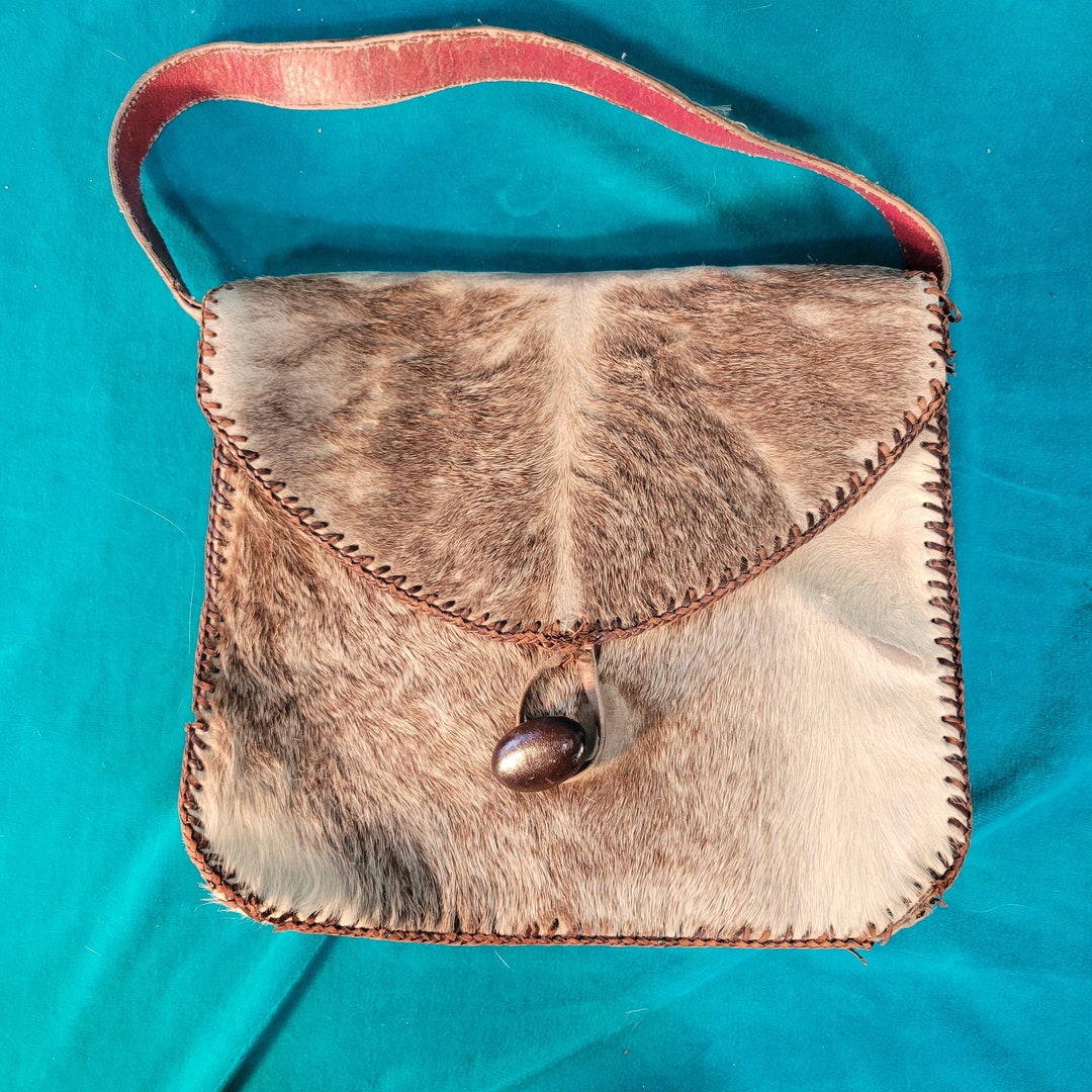 1940s Pony Hair Red Leather Purse Bag Primitive Gray White Pony Hair ...