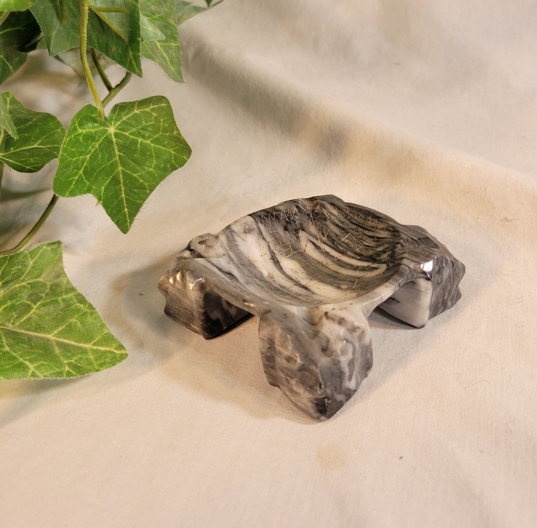 Vintage Hand Carved Onyx Marble Ashtray Aztec Mayan 70s Gray White Mid ...