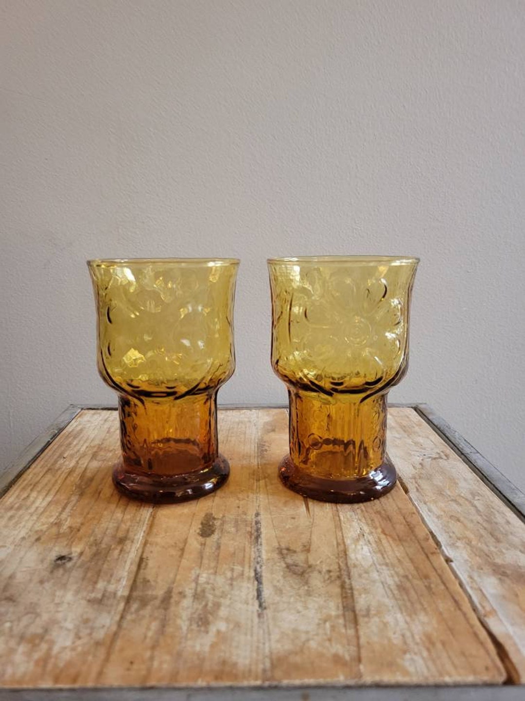Vintage Set Of 2 Amber Drinking Glasses Old Retro Tumblers Etsy