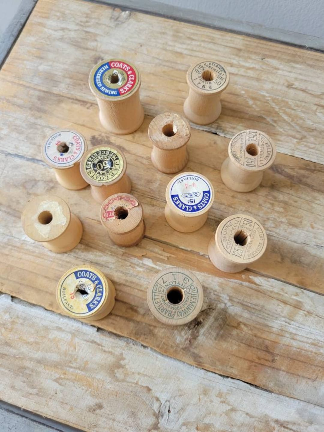 Vintage Set of 12 Empty Wooden Spools, Original Stickers - Etsy
