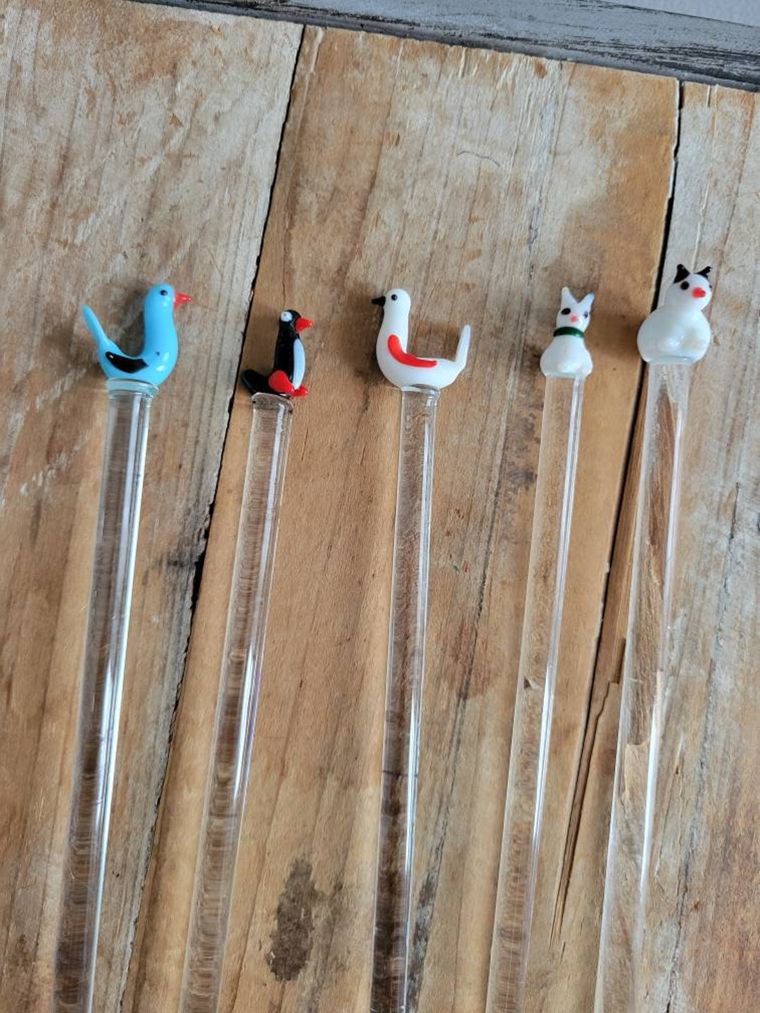 Vintage Set of 5 Blown Glass Drink Stirrers. Old Glass Figurine Drink ...