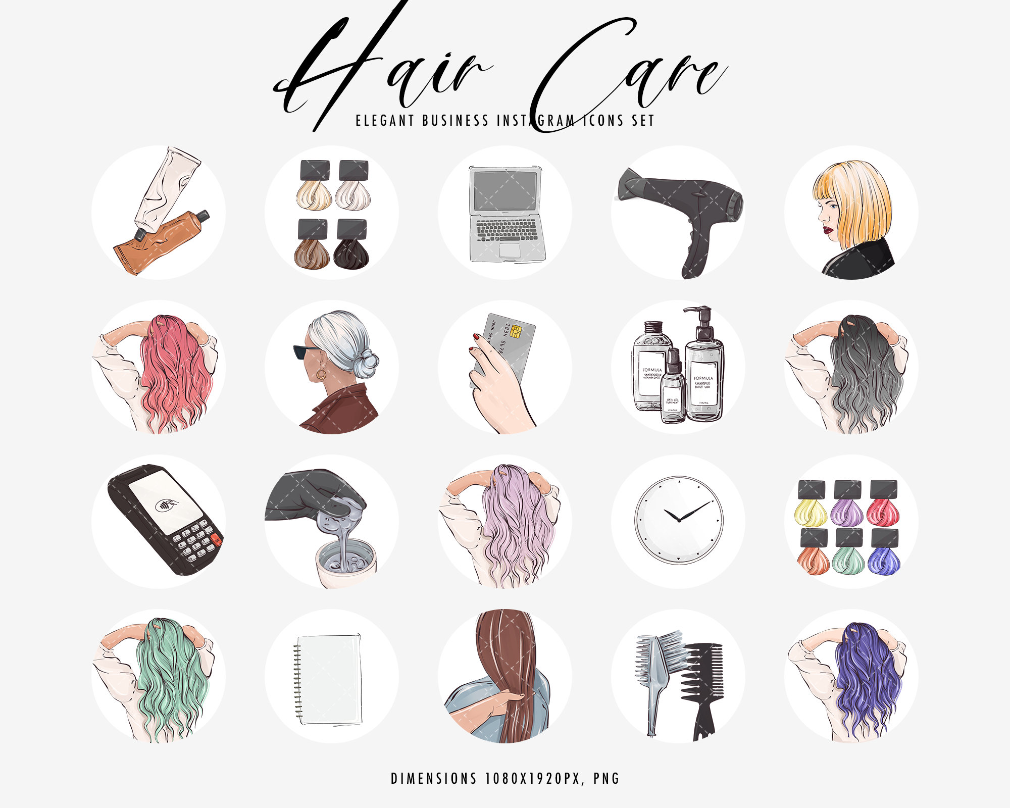 Hairstyle Clipart, Hair Coloring Icons Set, Classic Bob Pink Hair Color ...