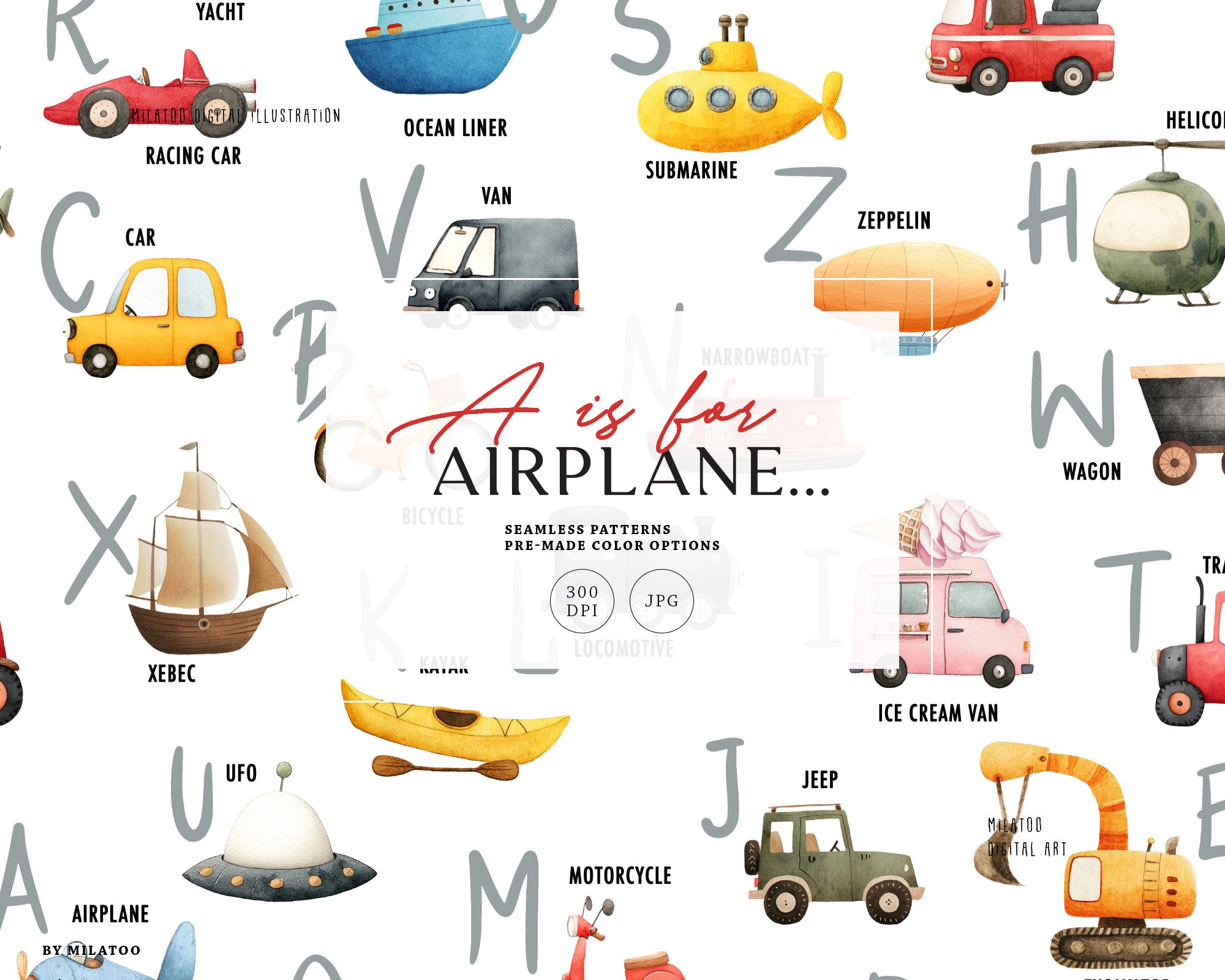 ABC Letters Transportation Digital Paper. Nursery Alphabet Cars Early ...