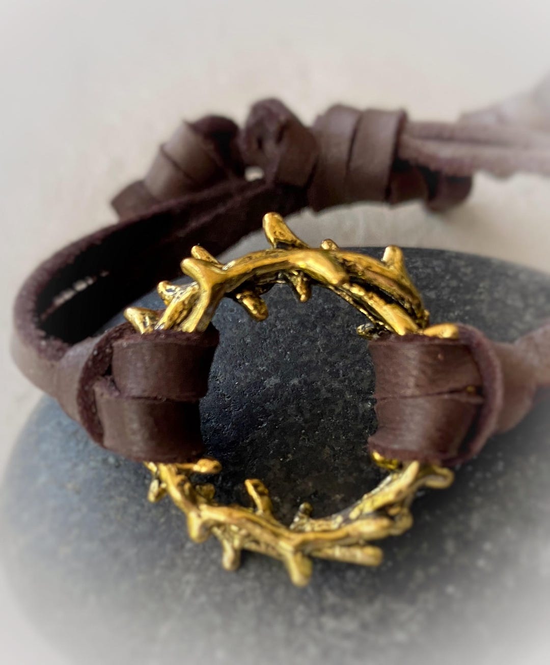 Gold Crown of Thorns Bracelet, Leather Boho Wrap Bracelet for Men or ...