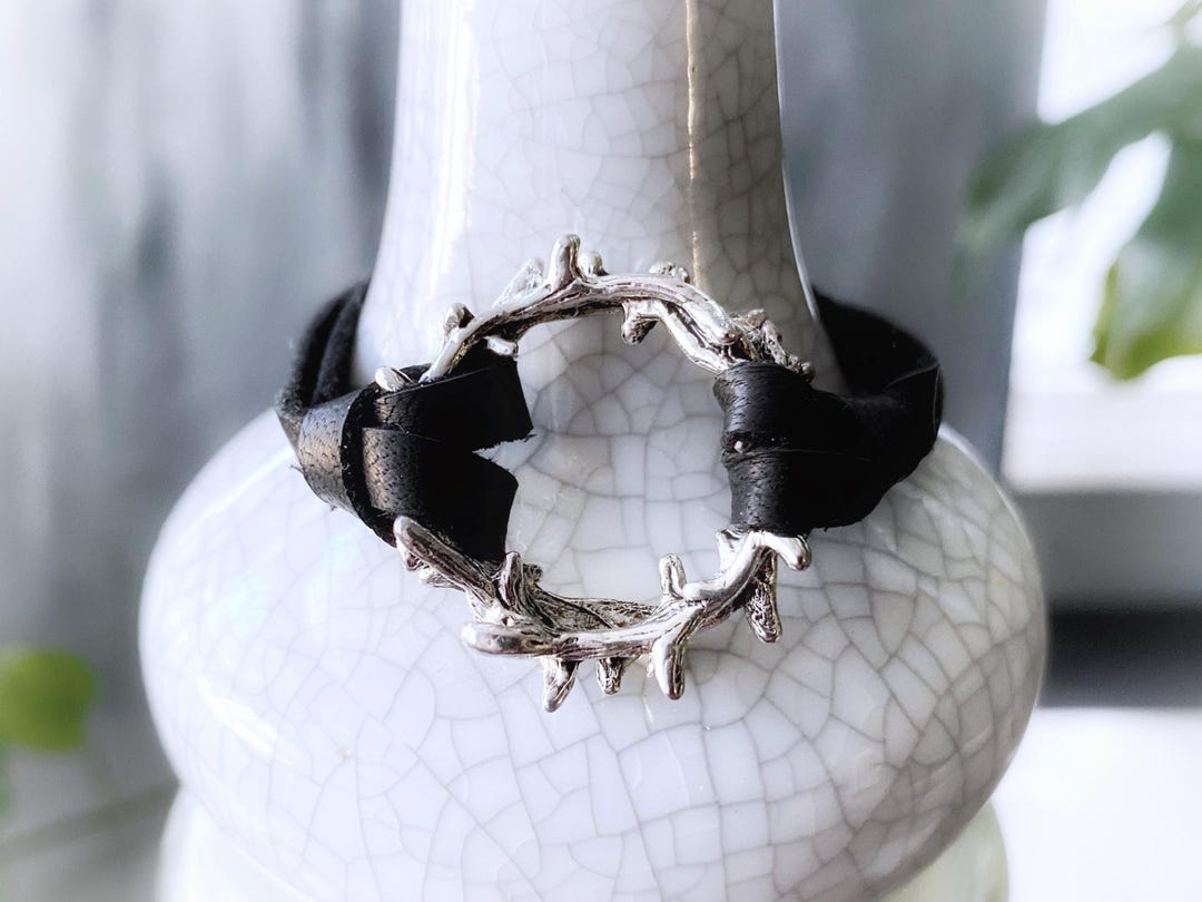 Silver Crown of Thorns Bracelet, Leather Boho Wrap Bracelet for Men or ...