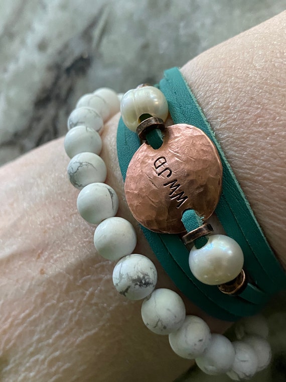 WWJD Leather Wrap Bracelet Freshwater Pearl Leather Hand Stamped Penny Bracelet Boho Hippie Wrap Bracelet What Would Jesus Do Etsy