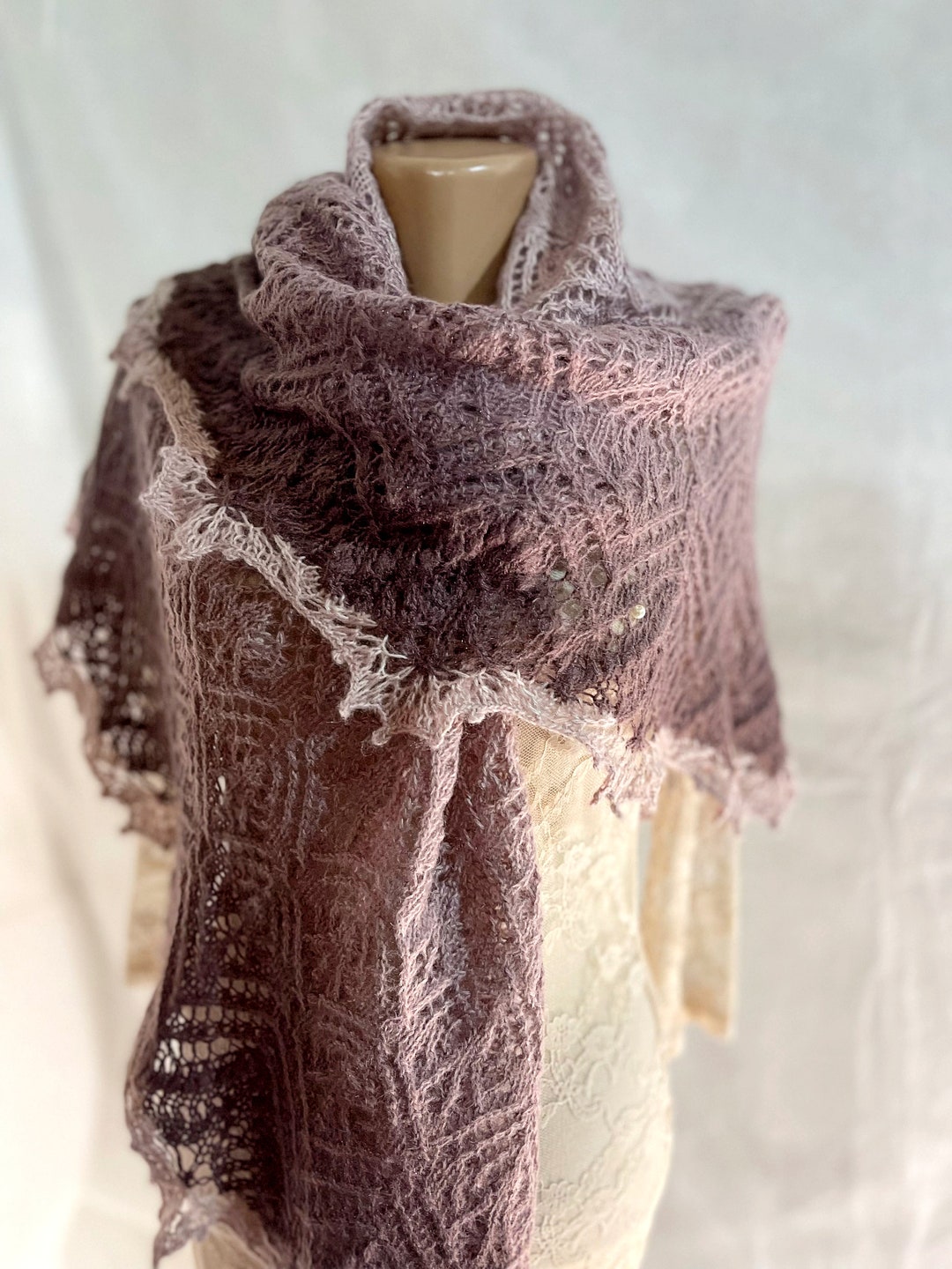 Knitted Shawl Handmade: Violet-gray Openwork Pattern, Warm Winter Cape ...