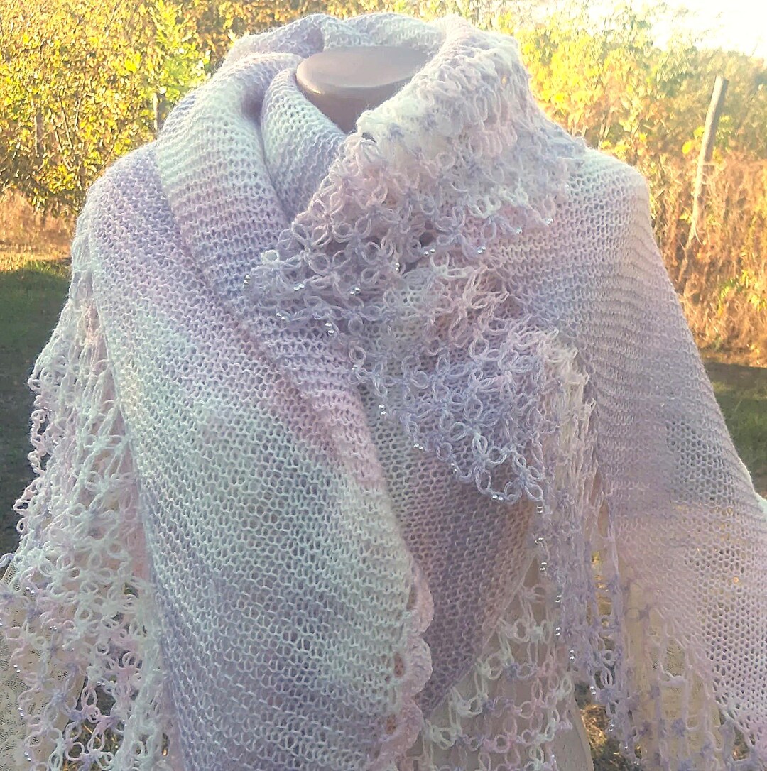 Hand Knitted Shawl in Pastel Colors With White Pearl Beads, Gift for ...