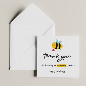 Custom Teacher Thank You Card, Cute Bee Teacher Card, Personalised ...