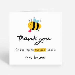 Custom Teacher Thank You Card, Cute Bee Teacher Card, Personalised ...