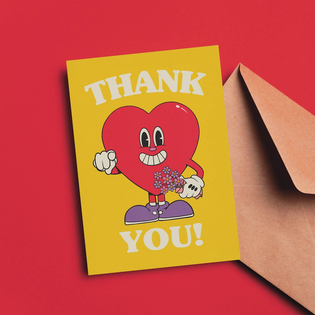 Cute Thank You Card – Quirky Heart Cartoon Greeting Card – Fun Retro ...