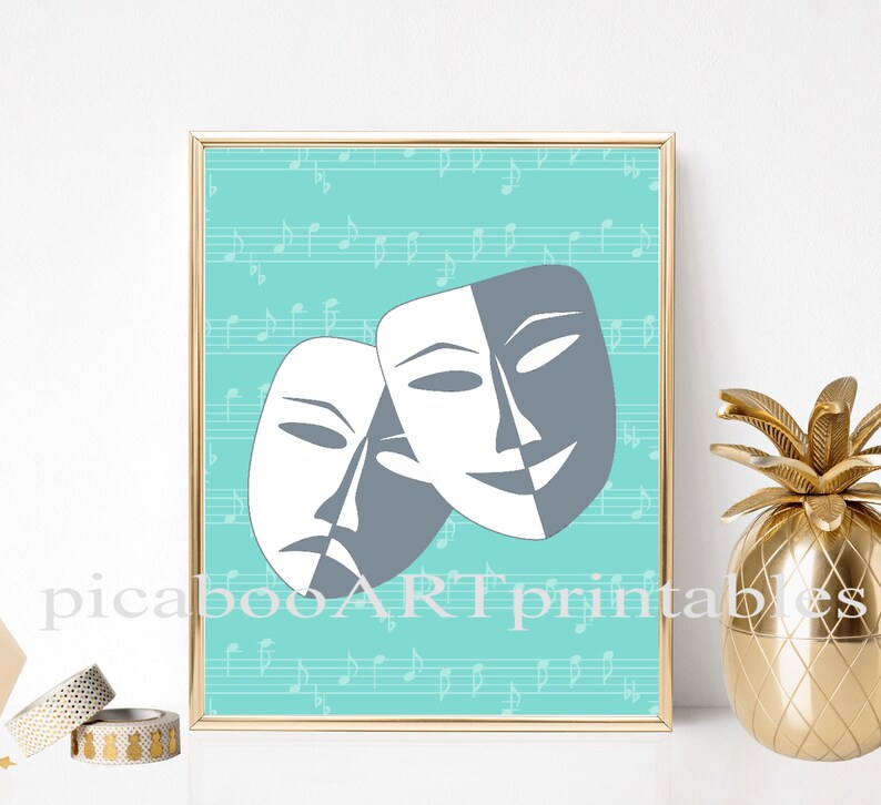 Theater Wall Art, Theatre Masks, Aqua Grey Room Decor, Musical Notes ...