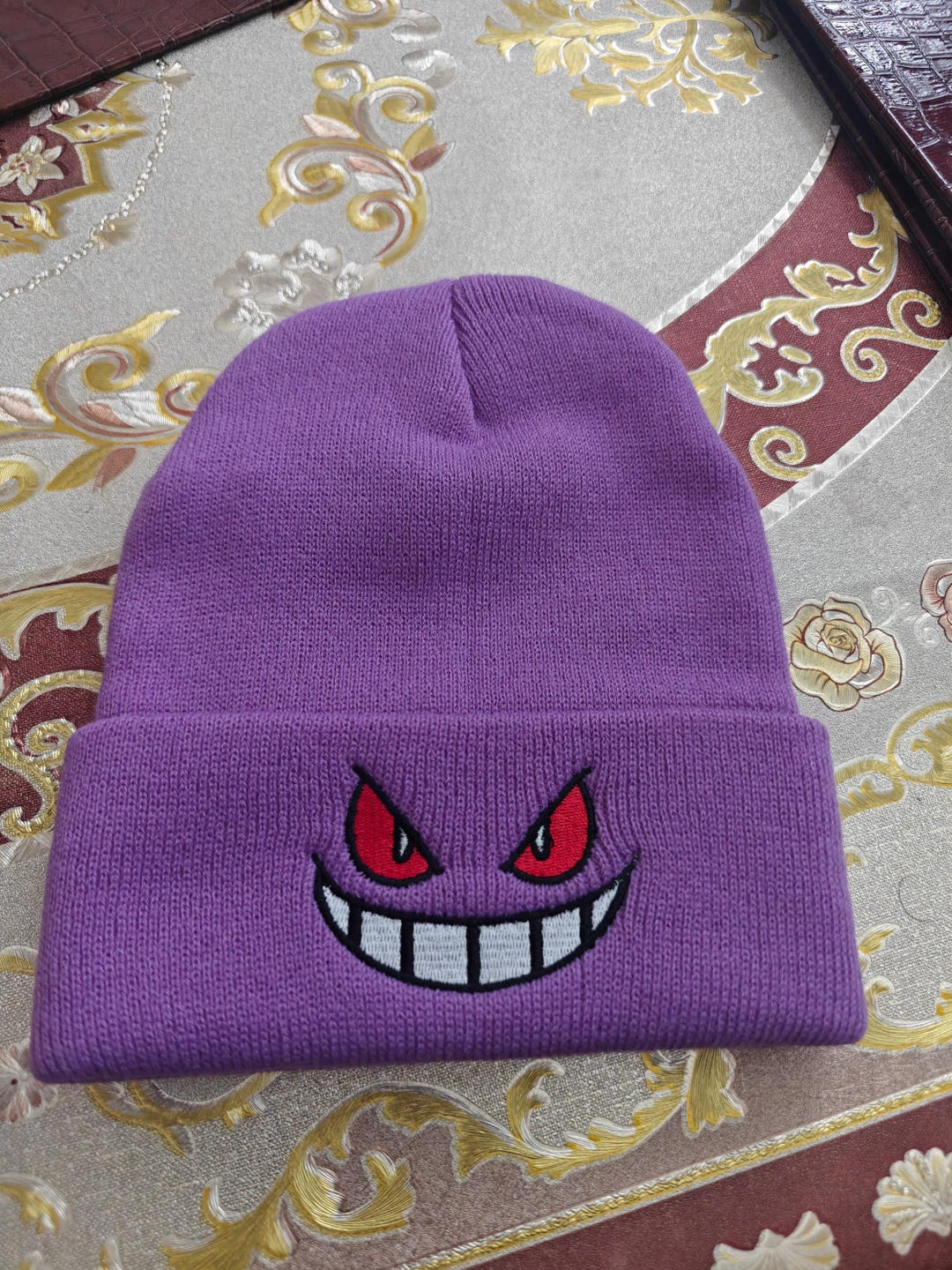 Gengar Inspired Purple Beanie – Anime Ghost Knit Hat – Embroidered ...
