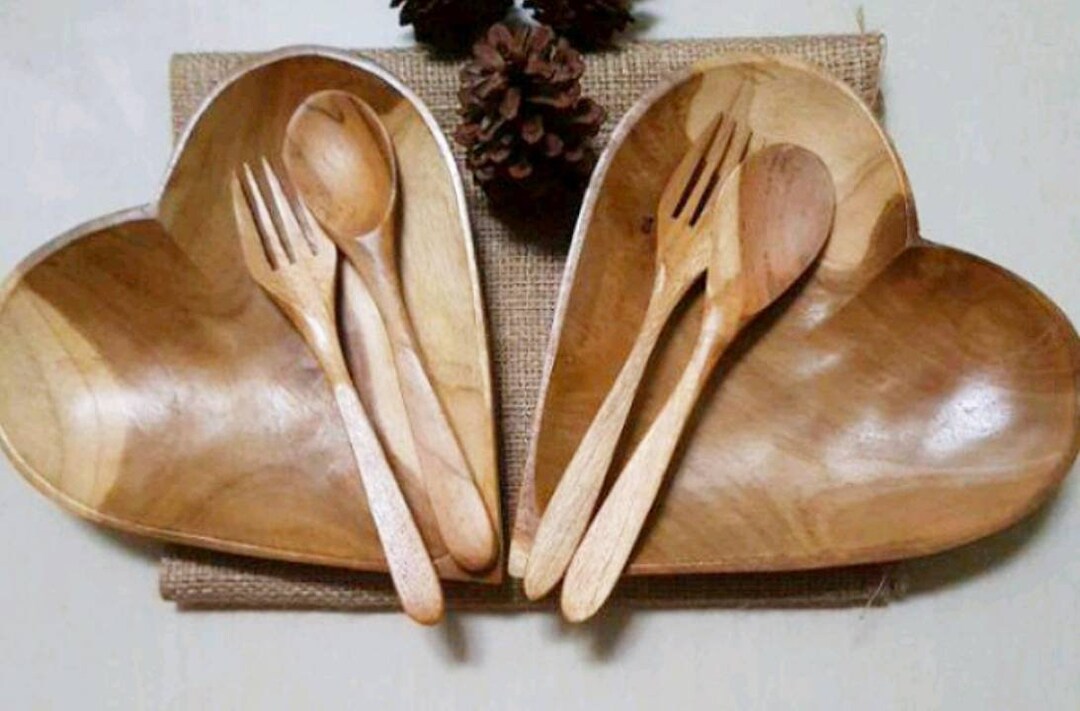 A Pair of Teak Wood Plates in the Shape of Love Complete With Cutlery ...