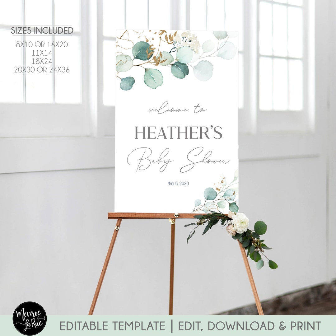 Editable Greenery Welcome Sign, Green Leaves, Personalized Welcome Sign ...