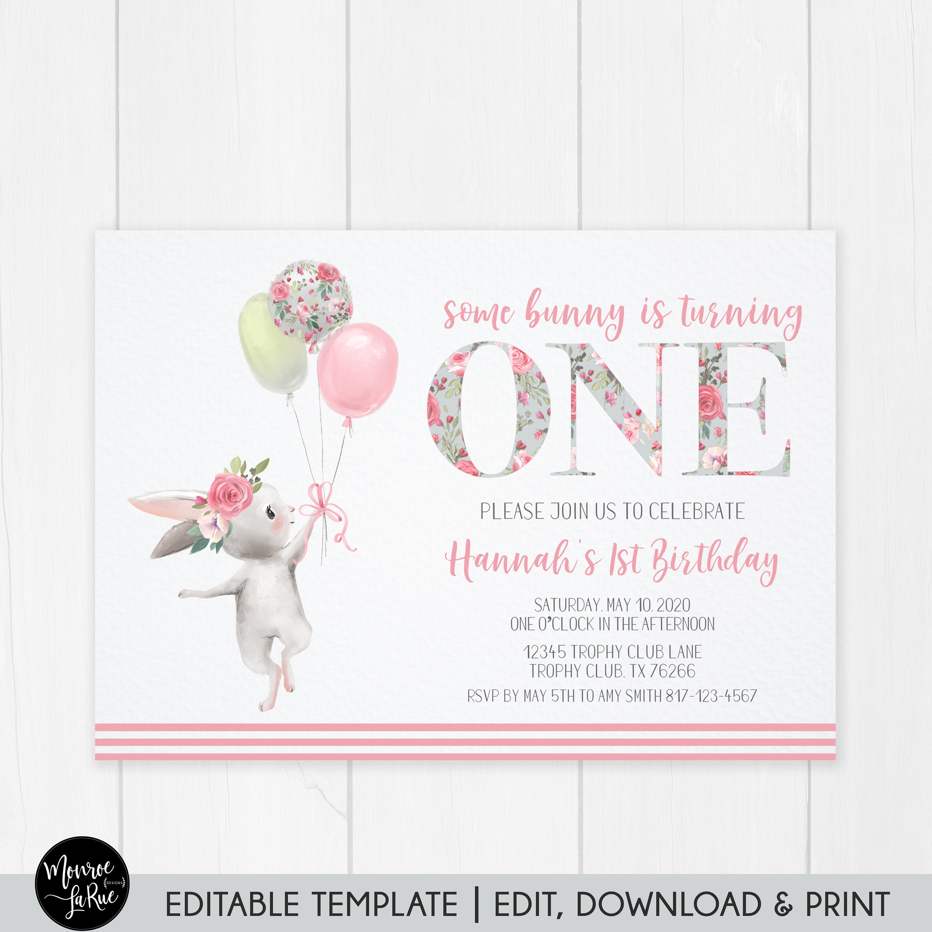 Editable Some Bunny is Turning One Invitation, Girl First Birthday ...