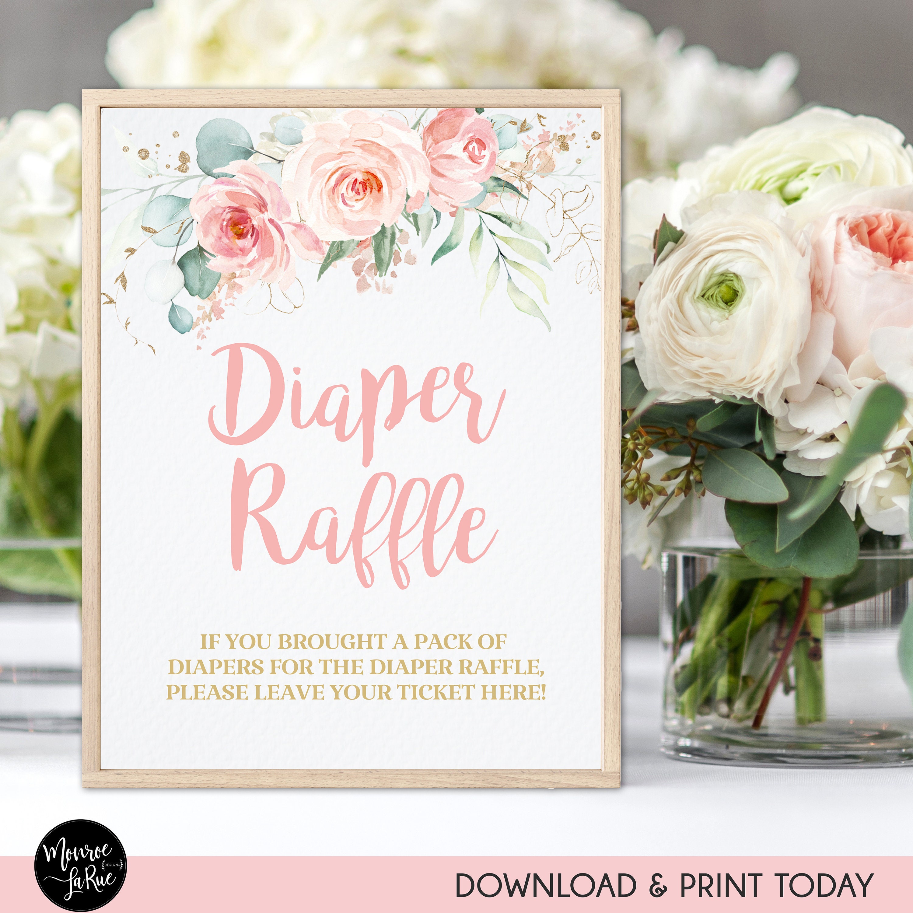 Blush Floral Diaper Raffle Sign, Printable Baby Shower Diaper Raffle ...