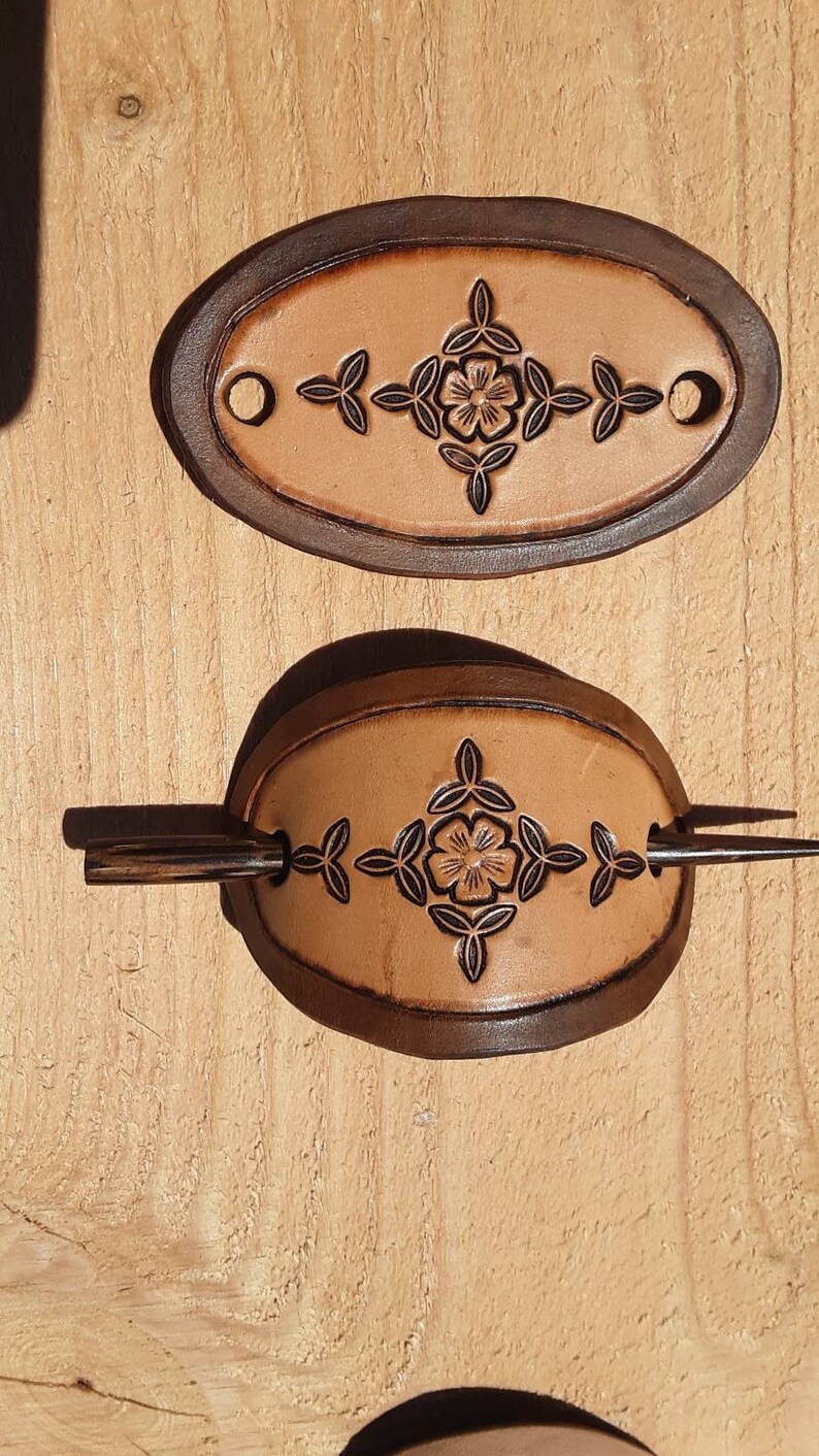 LEATHER Oval Stick Barrette With Flower Design in 3 Color | Etsy
