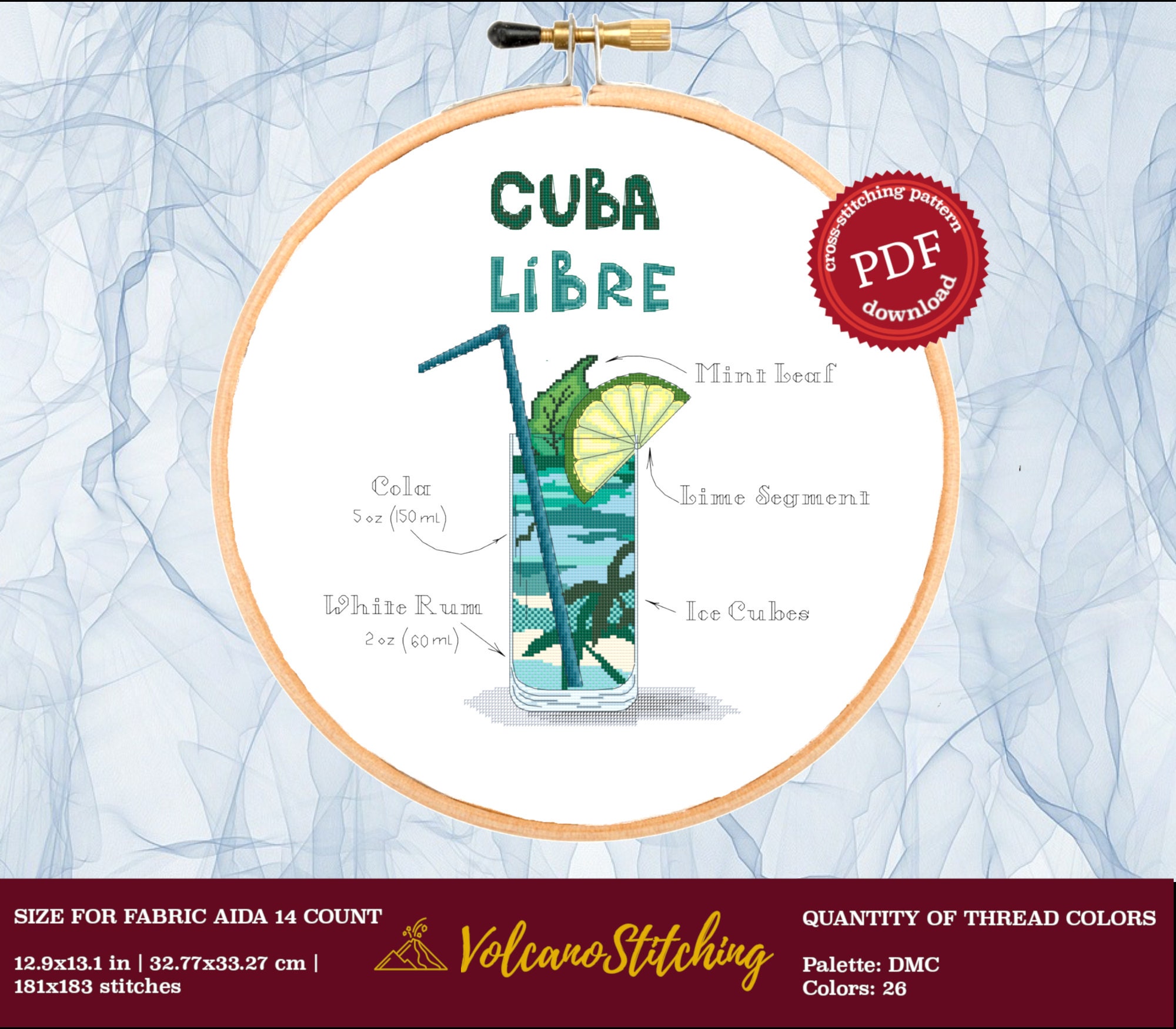 Cuba Libre Cross Stitch Pattern PDF Custom Drinks Embroidery - Etsy
