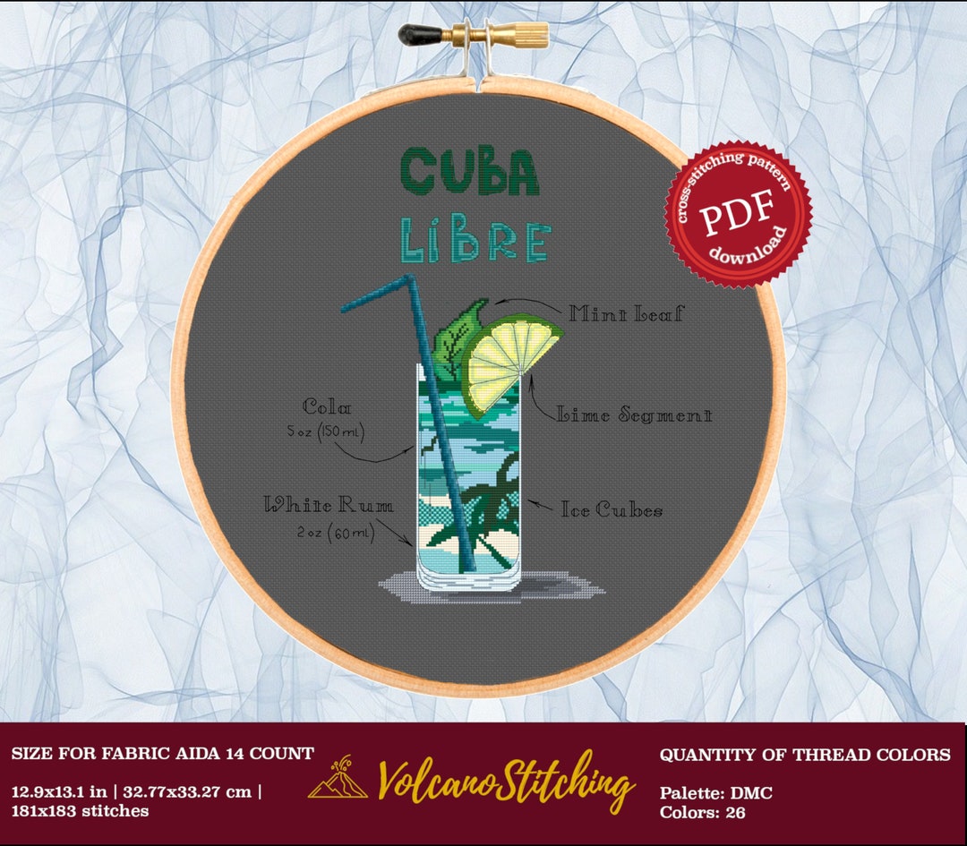 Cuba Libre Cross Stitch Pattern PDF, Custom Drinks Embroidery Hoop Art ...