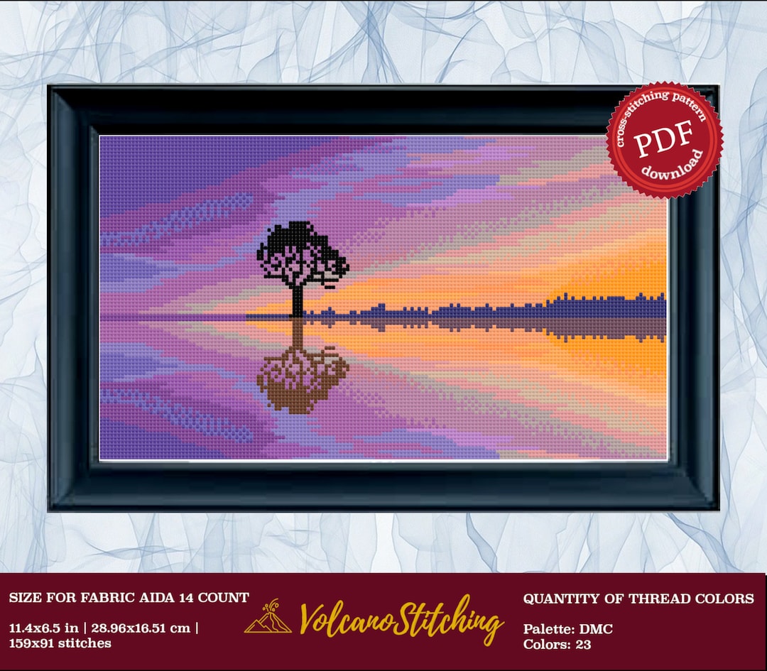 Orange Sunset Cross Stitch Pattern, Scenery Embroidery Hoop Art ...