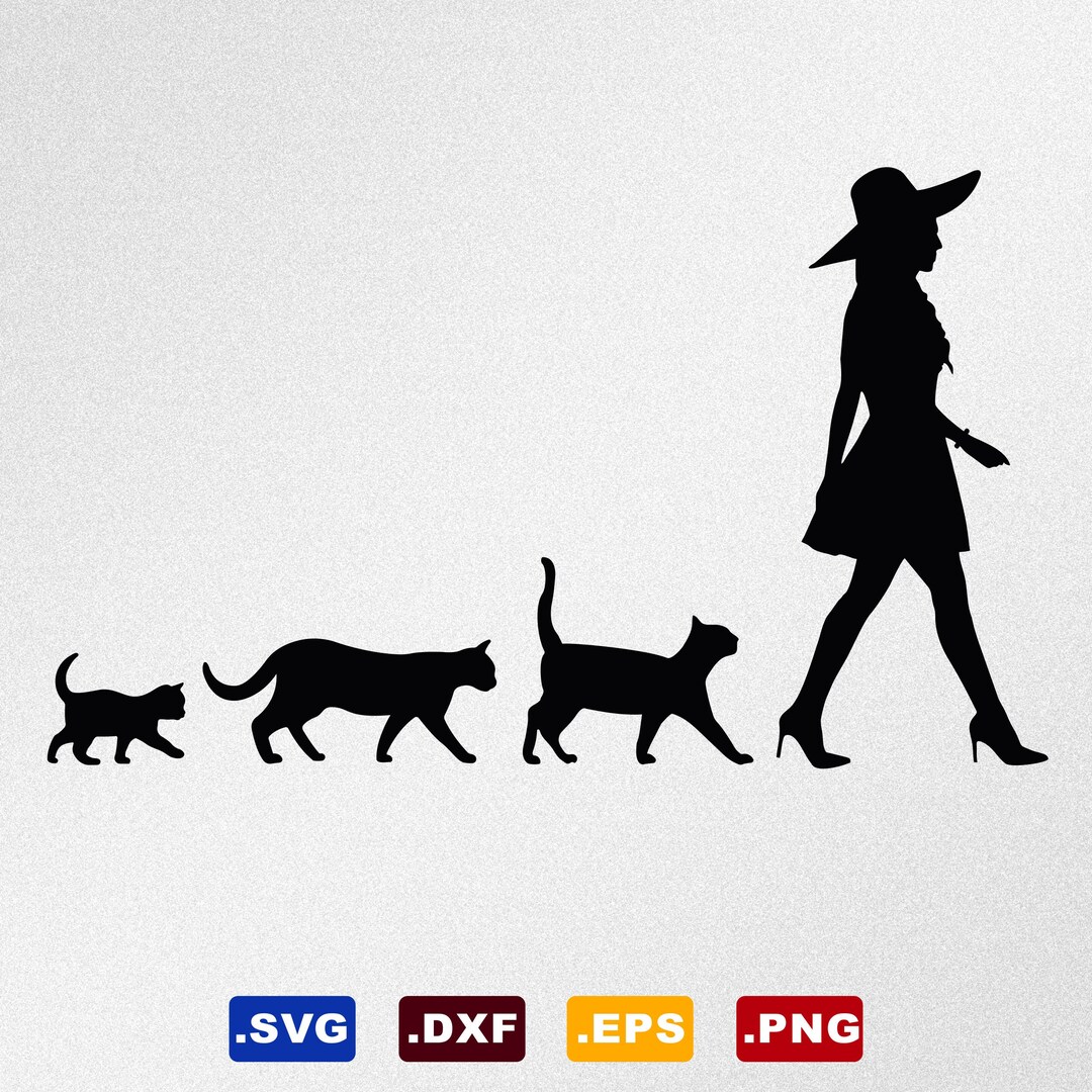 Elegant Woman Walking With Cats Svg Dxf Eps Vector Files For Cricut Silhouette Cutting