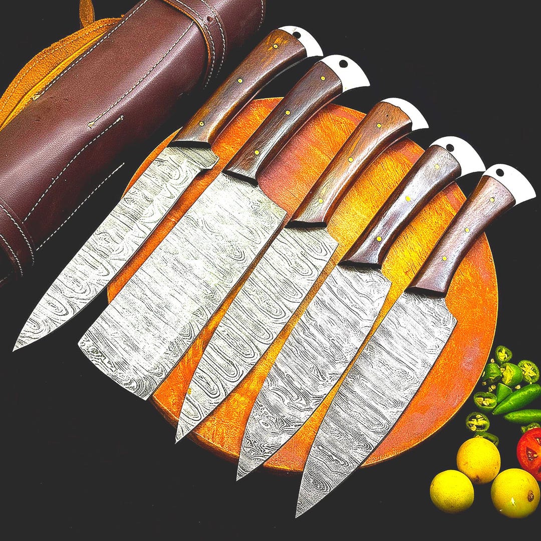 Damascus Chef Set, Hand Forged Kitchen Knife Set, Handmade Cooking and ...