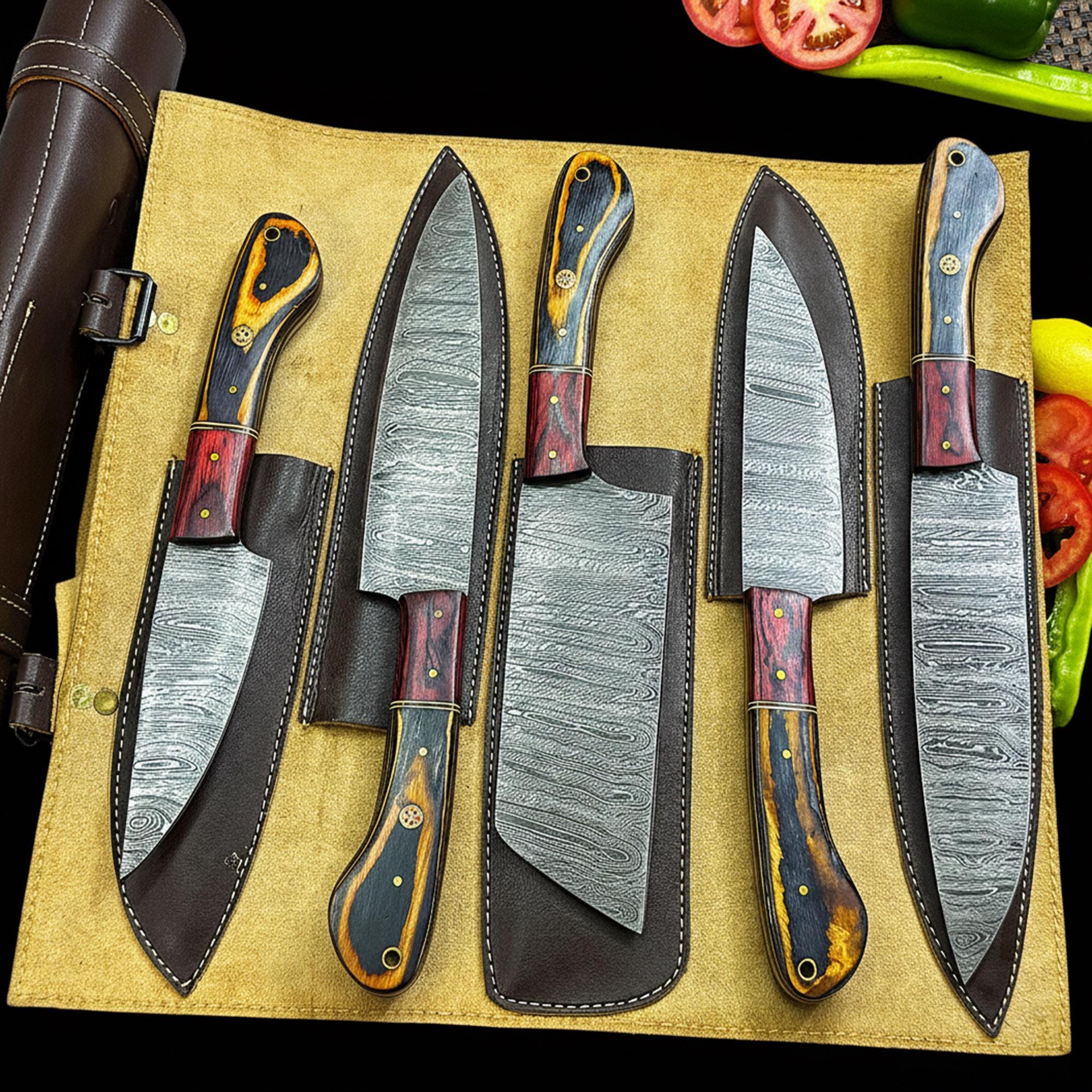 Damascus Chef Set, Hand Forged Kitchen Knife Set, Handmade Cooking and ...