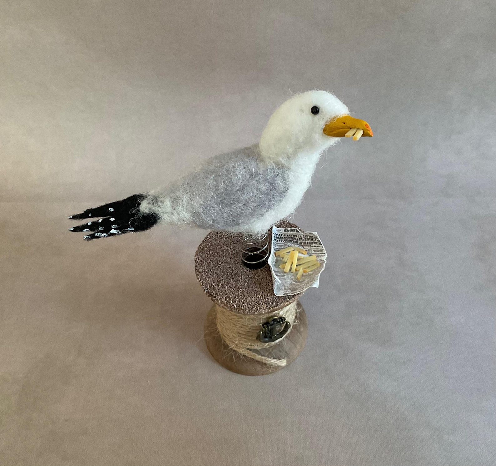 Needle Felted Seagull on Wooden Cotton Reel, Seagull Ornament, Birthday ...