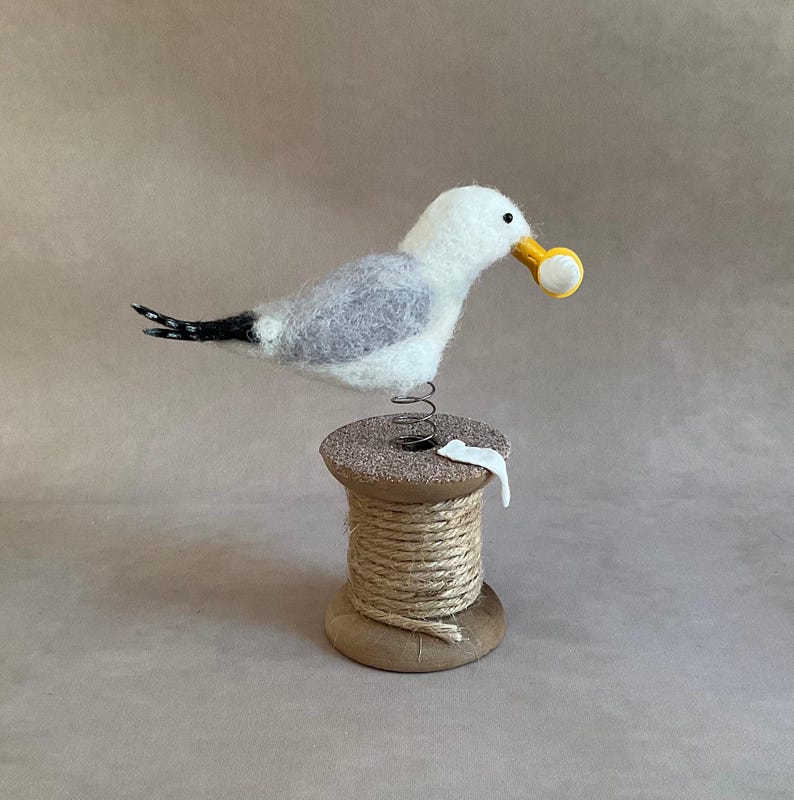 Needle Felted Seagull on Wooden Cotton Reel, Seagull Ornament, Birthday ...