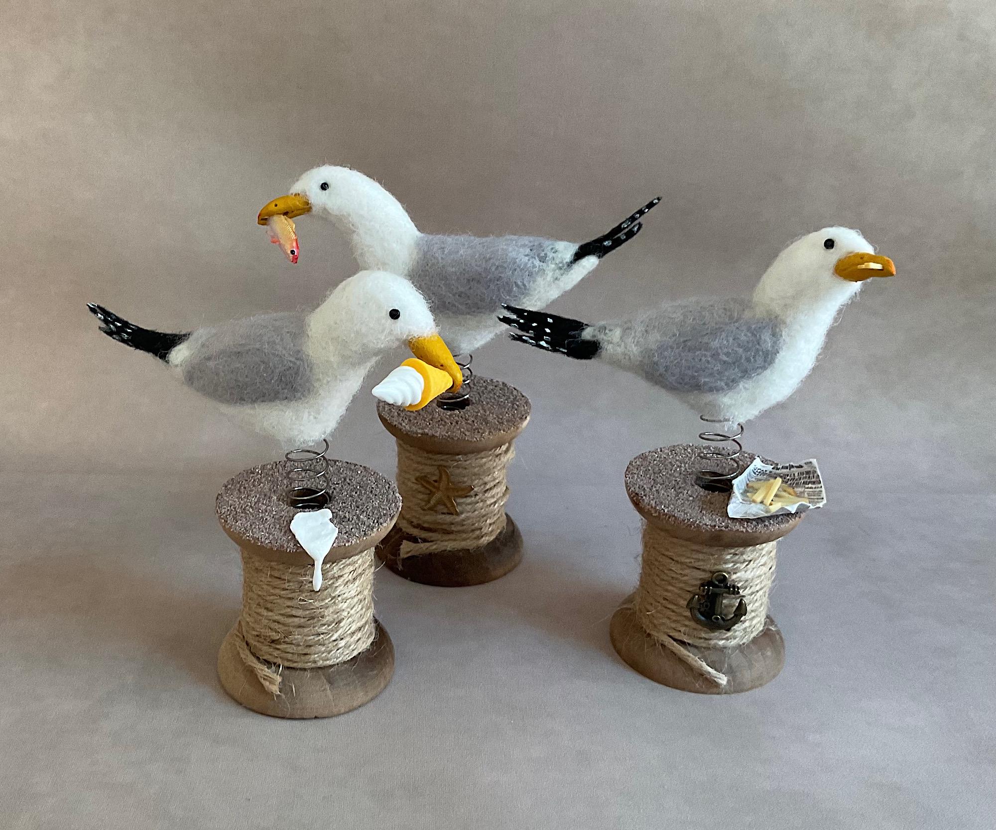 Needle Felted Seagull on Wooden Cotton Reel, Seagull Ornament, Birthday ...