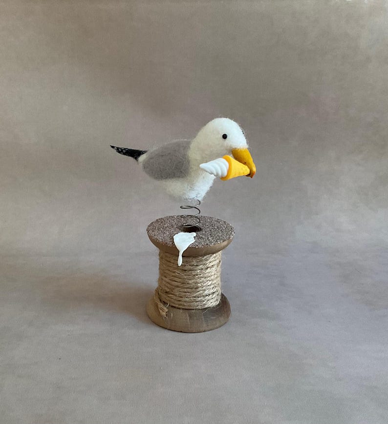 Needle Felted Seagull on Wooden Cotton Reel, Seagull Ornament, Birthday ...