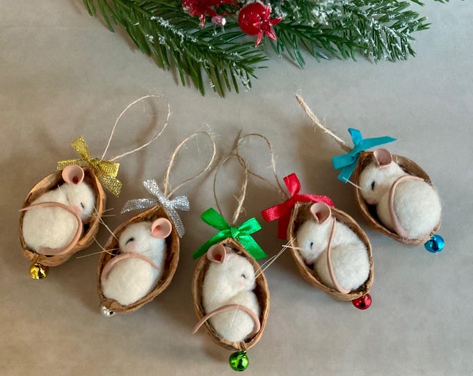 Needle Felted Sleeping Mouse, Walnut Shell, Hanging Ornament, Christmas ...