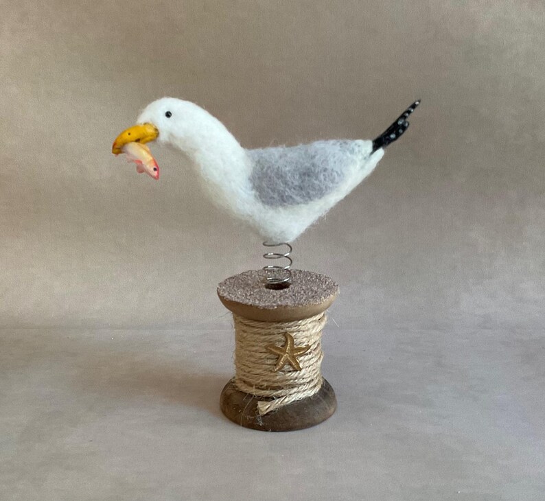 Needle Felted Seagull on Wooden Cotton Reel, Seagull Ornament, Birthday ...